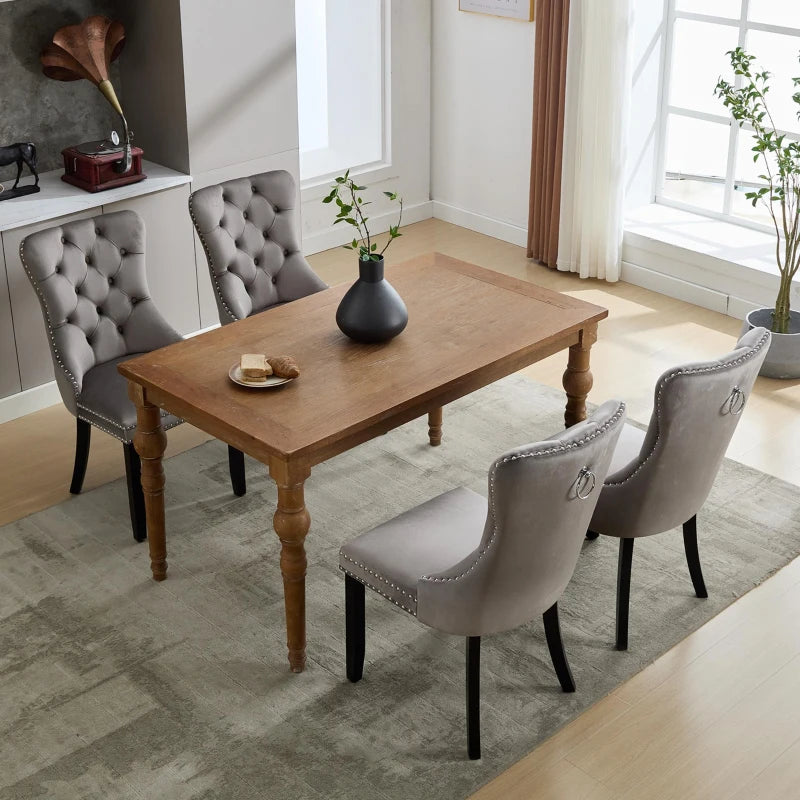 Set of 4 Grey Velvet Dining Chairs with Button Tufted Backrest, Wingba