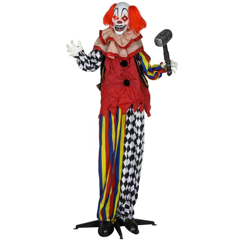 173 cm Life Size Scary Animated Clown with Hammer, Red Light Up Eyes,