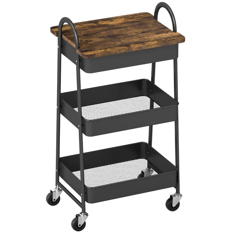 Rustic Brown & Black 3-Tier Kitchen Storage Trolley on Wheels with Cov