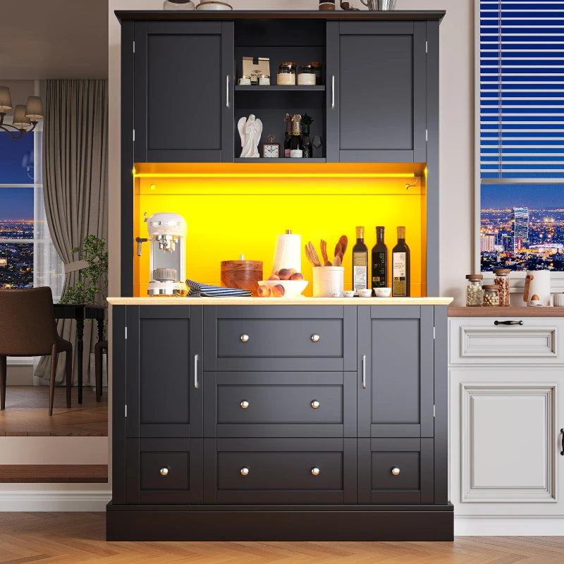 Tall Kitchen Cabinet with Open Shelf & 5 Drawers - Large Storage Cupbo