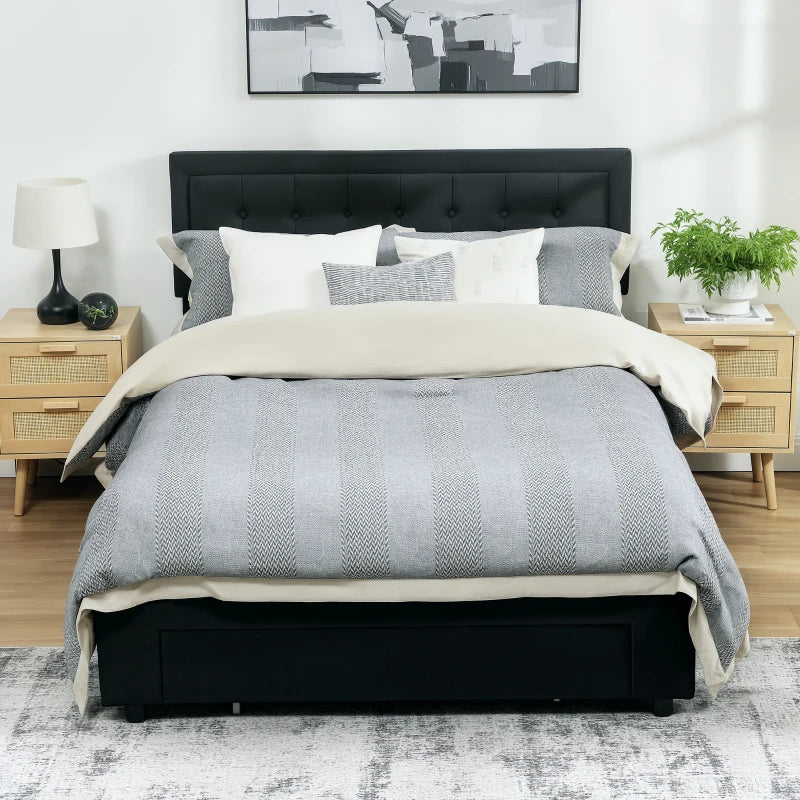 Stylish Black Double Ottoman Bed Frame with Front Storage Drawer for M